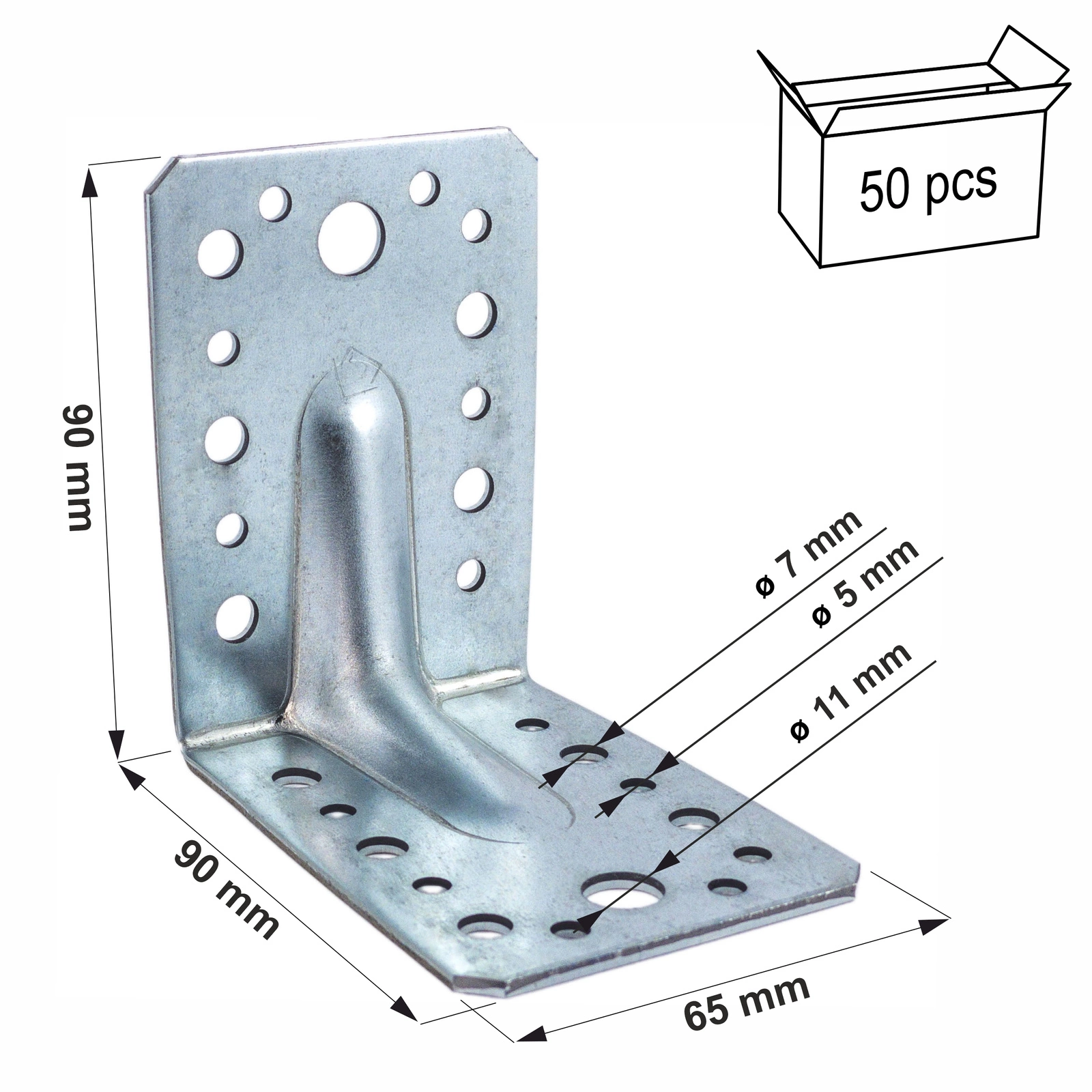 Kątowniki ciesielskie stalowe 90x90x65x2mm 50 szt. perforowane wzmoc. KP1/2 | Sklep Hanex.pl
